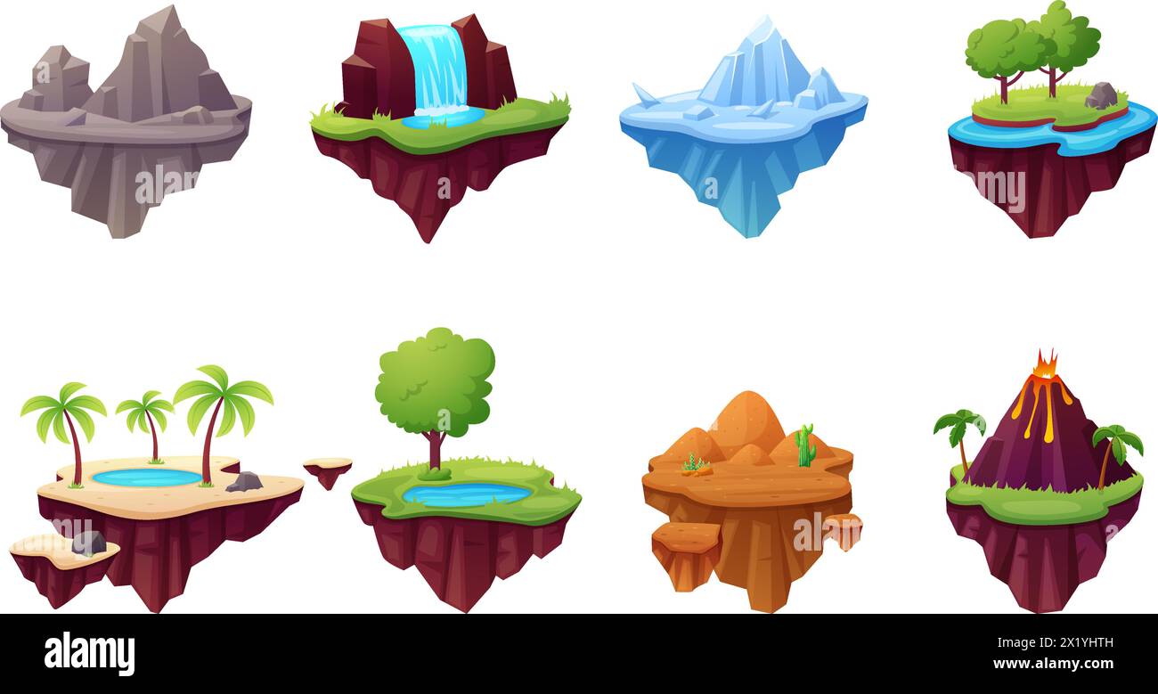 Floating islands. Cartoon game design objects with rocks, waterfall ...