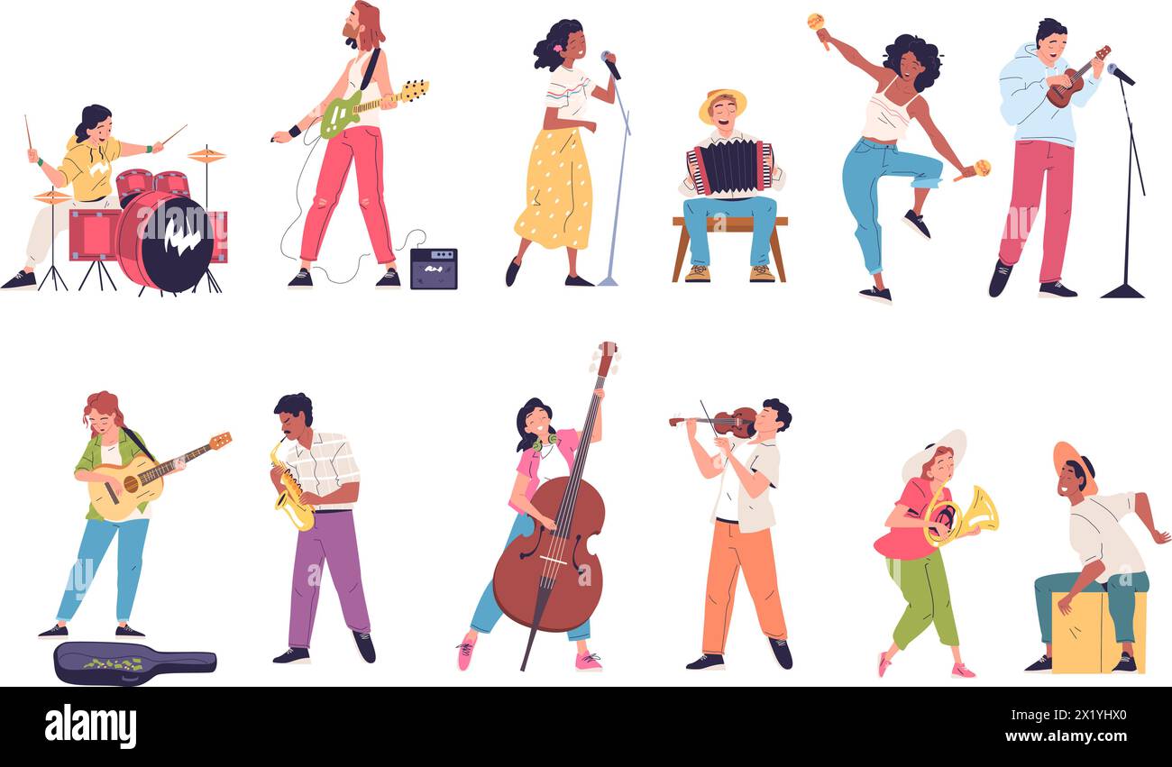 Street musician characters. Musicians people band, woman guitarist ...