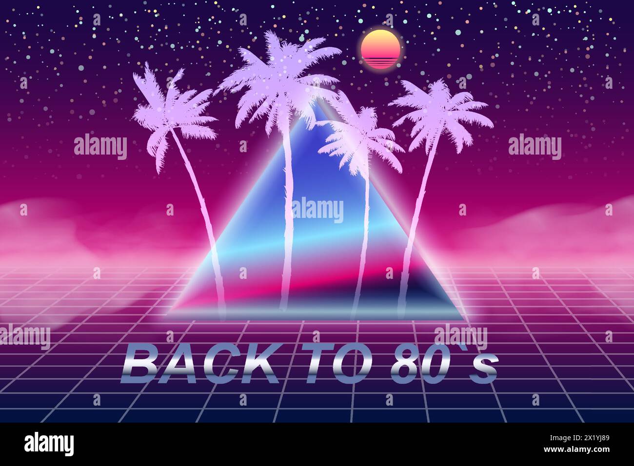 Back to 80's retro banner vaporwave aesthetic background Synthwave. Palms silhouette triangle ...