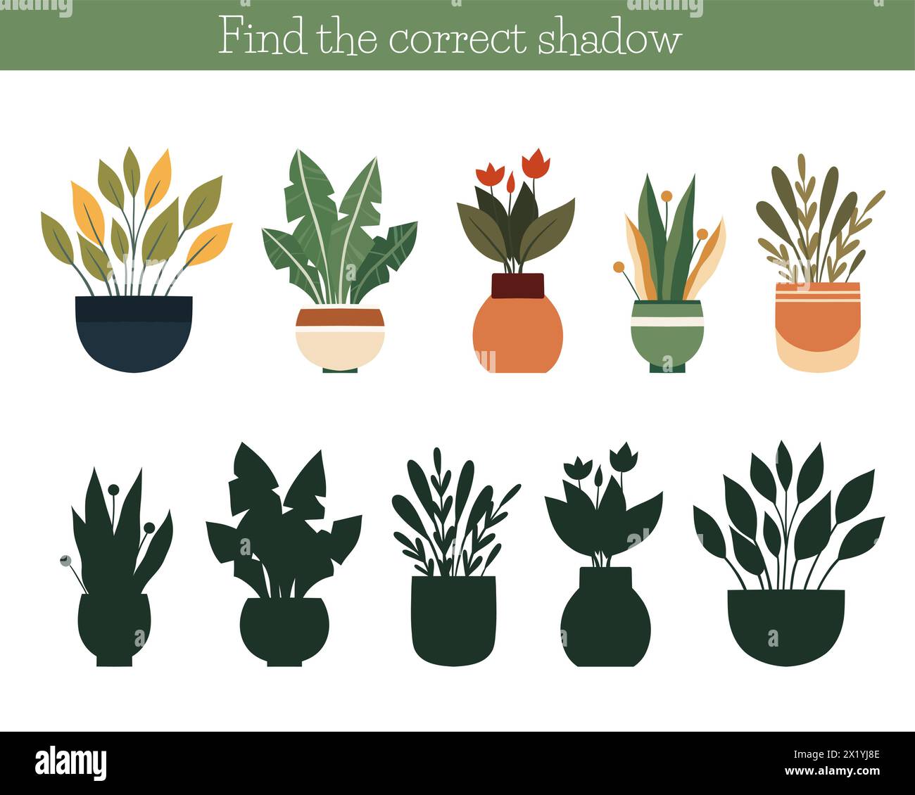 Vector template find the right shadows for plants in pots. Educational ...