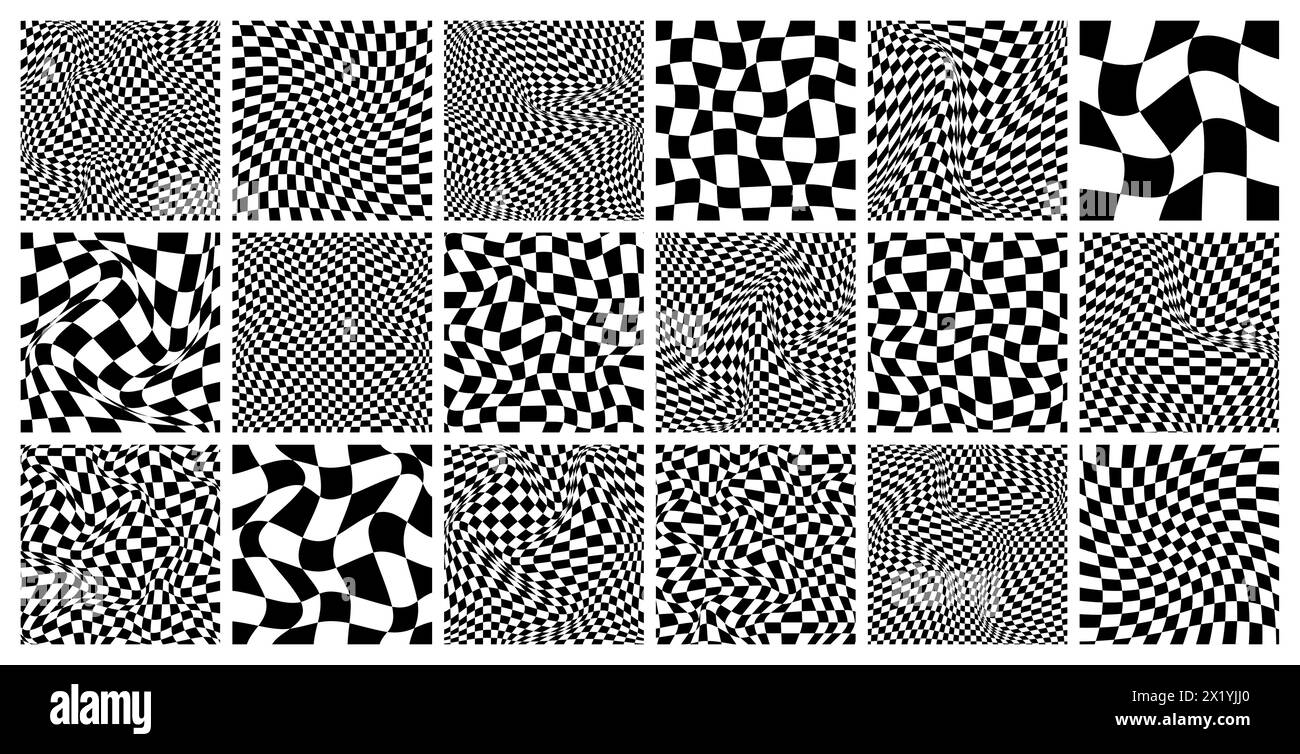 Trendy checkered pattern, black and white distorted tiled grid. Wavy ...