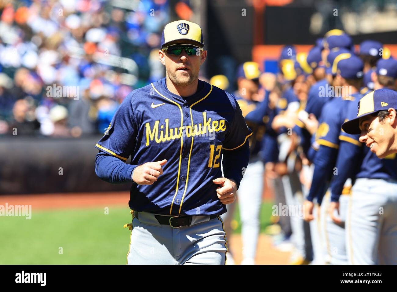 Players from the Milwaukee Brewers are introduced at the start of the ...