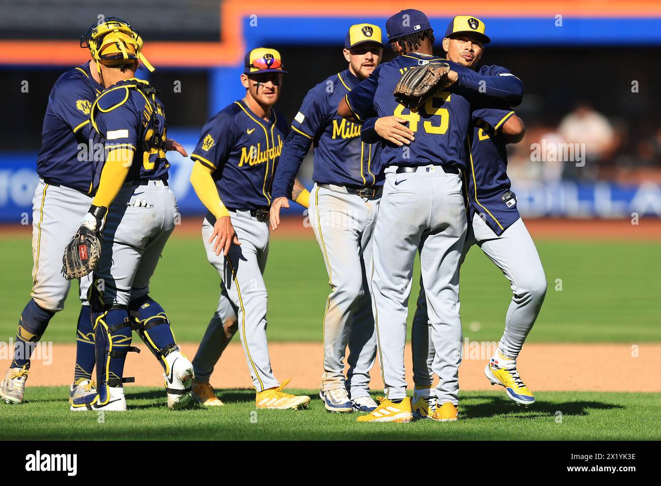 The Milwaukee Brewers celebrate their 3-1 win on opening day MLB ...