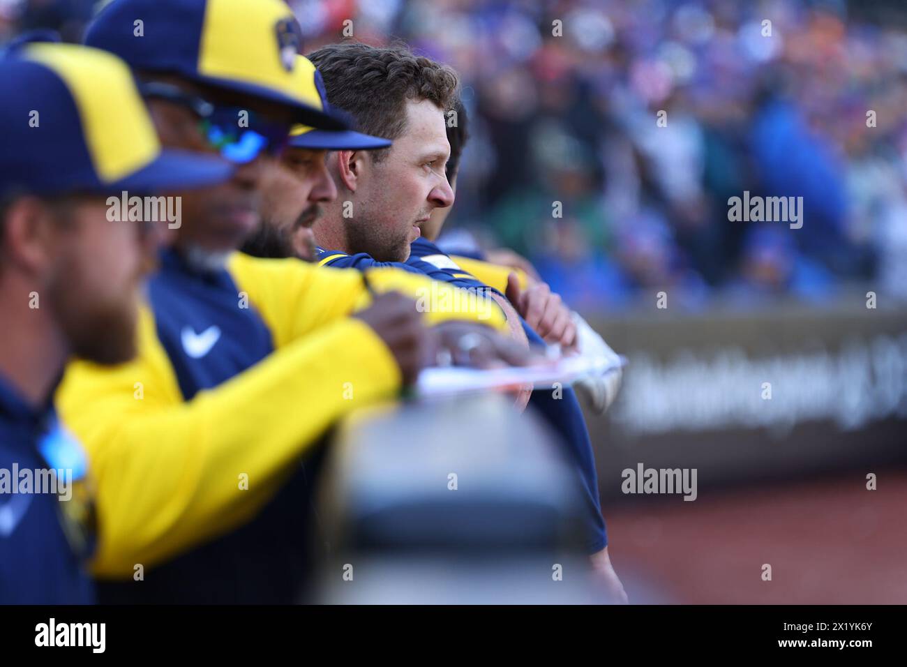 Milwaukee Brewers Rhys Hoskins #12 watches action during the eighth ...