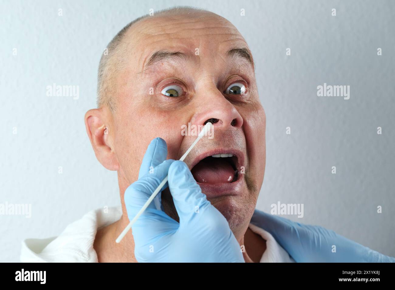 male doctor in gloves takes with swab sample from nose for analysis ...