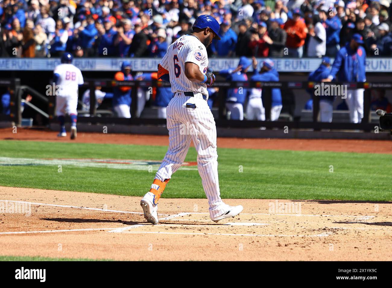 New York Mets Starling Marte #6 rounds bases after homering during the ...