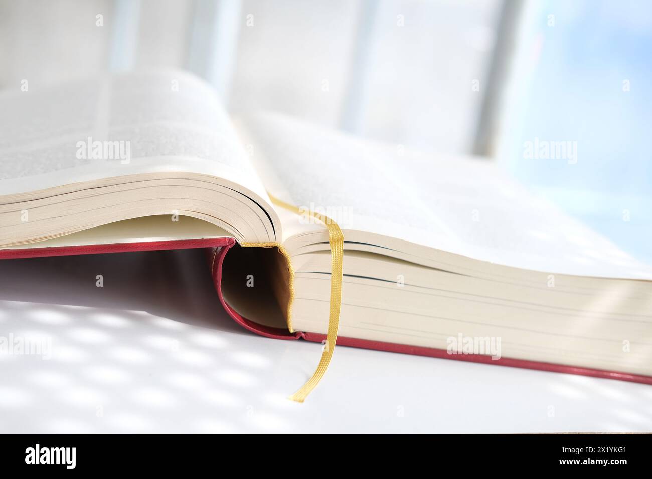 close-up of thick paper book in dark red cover, family bible, concept ...