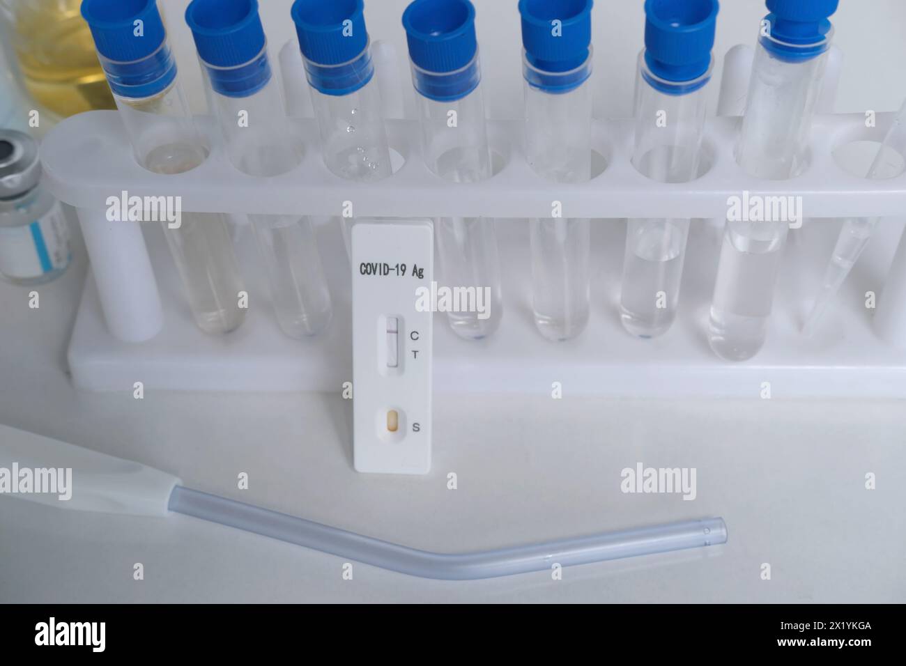 antigenic test cassette, glass test tubes with reagents, conducting a ...