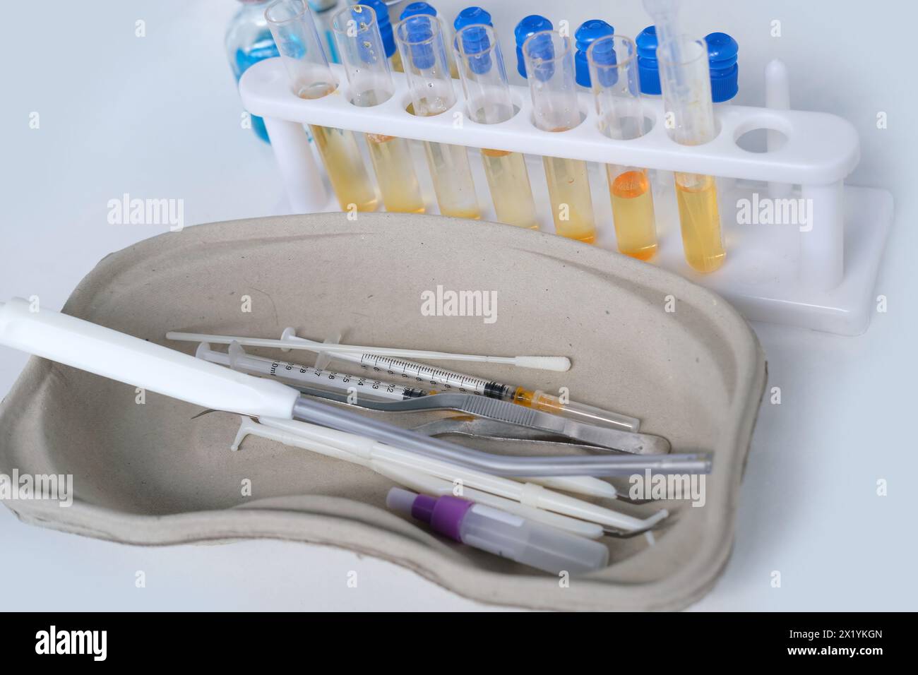 antigenic test cassette, glass test tubes with reagents, conducting a ...