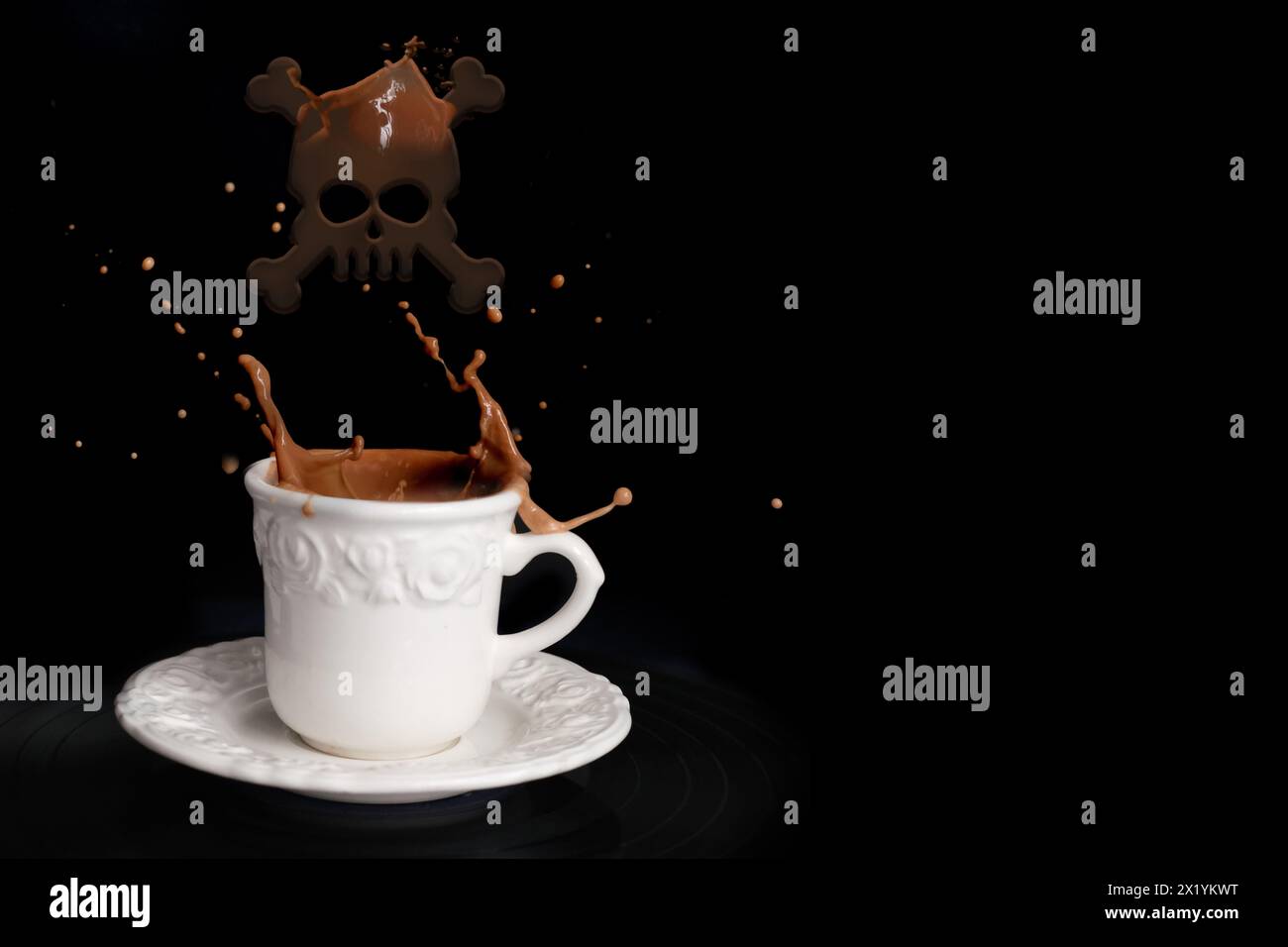 closeup of cappuccino coffee in a white cup and saucer on a black ...