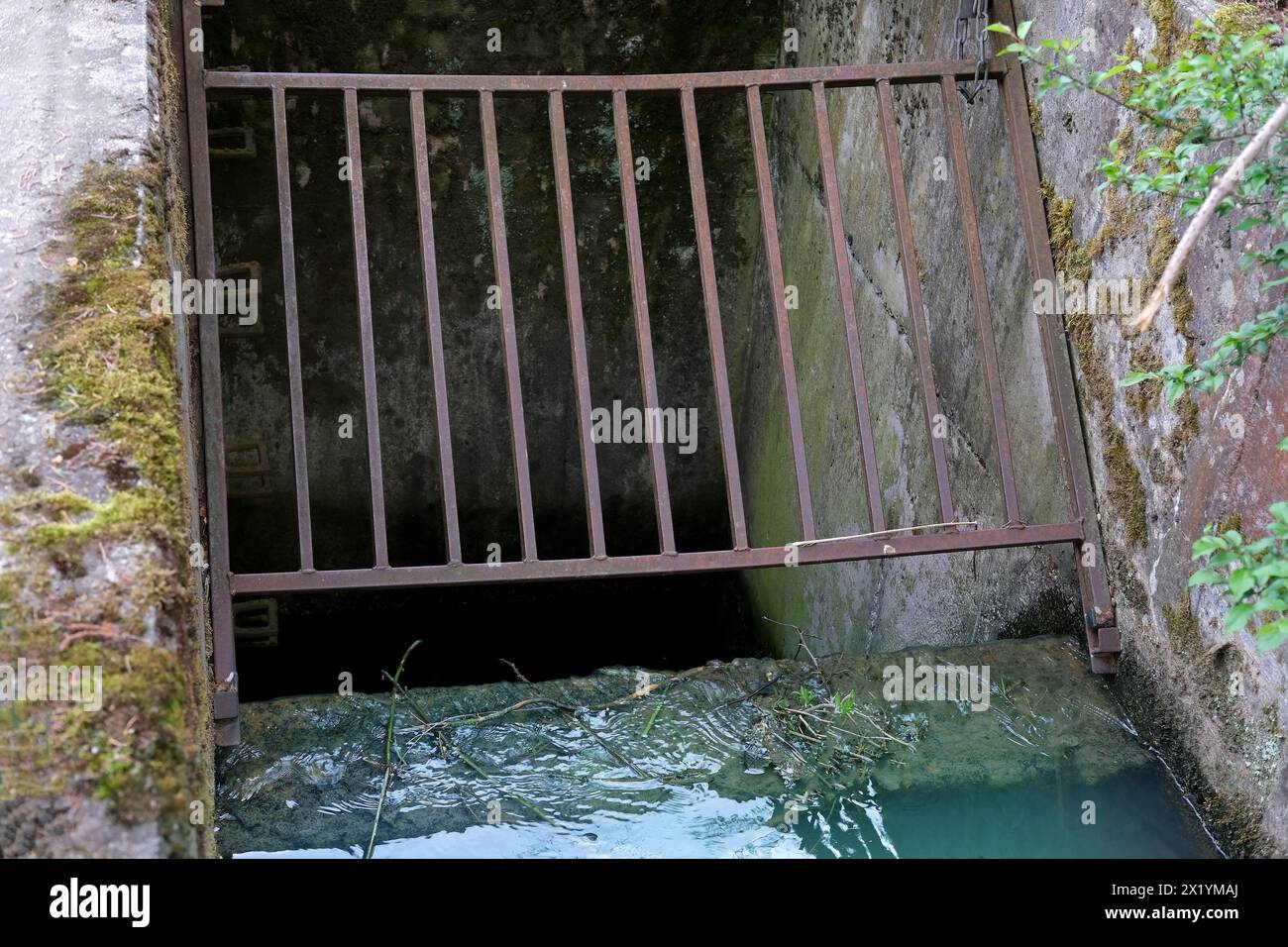 close-up iron rusty grating of a water drain well, a stream flows into ...