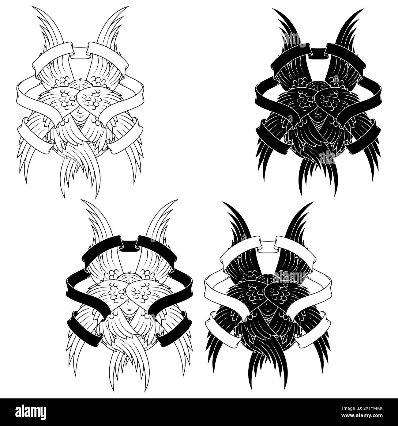 Vector design of Angel with six wings and ribbon, angelic face of the ...