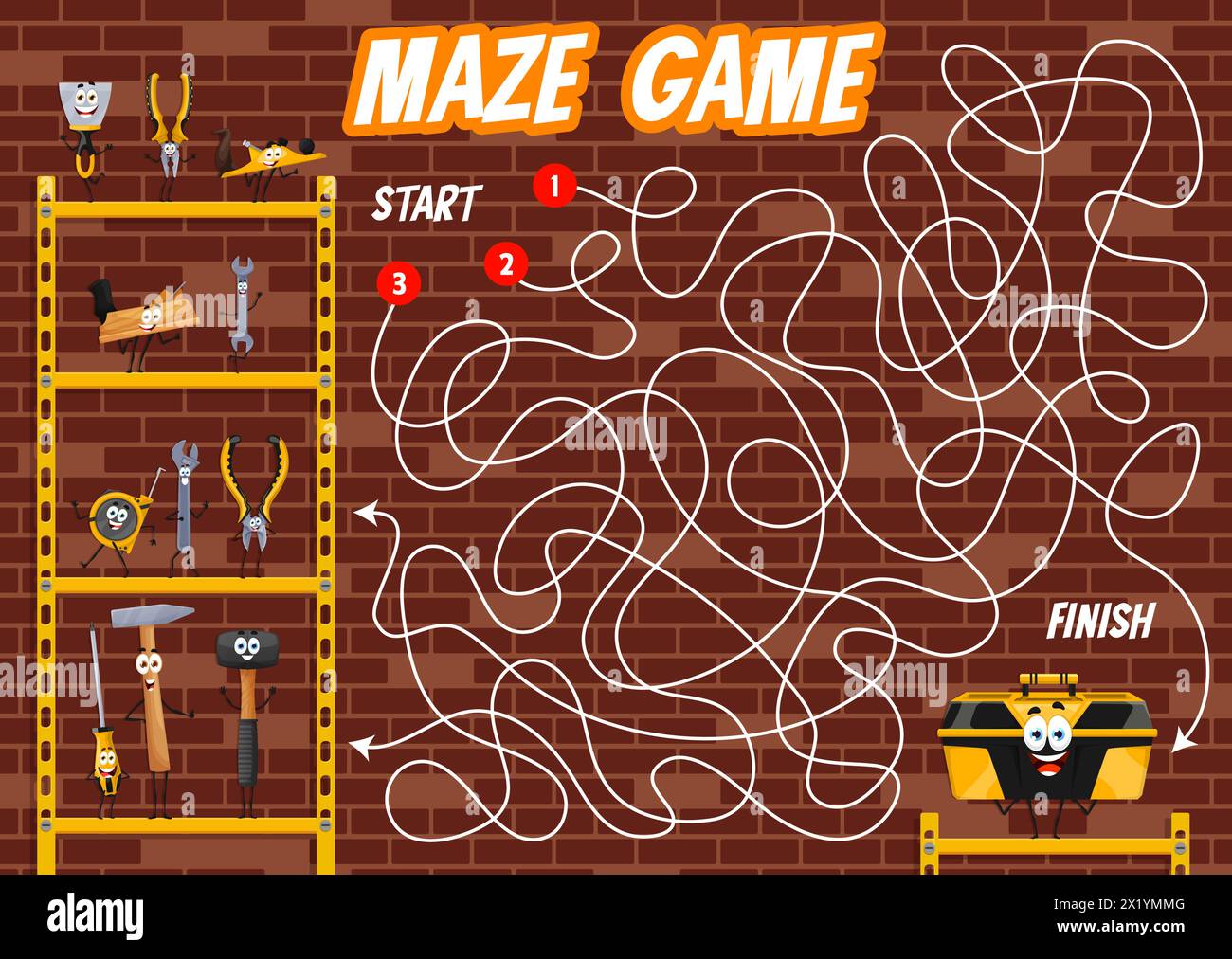 Labyrinth maze kids game quiz, help to cartoon diy and repair tools ...