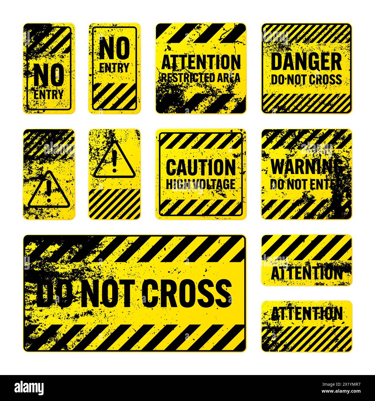 Various yellow grunge warning signs with diagonal lines. Old attention ...