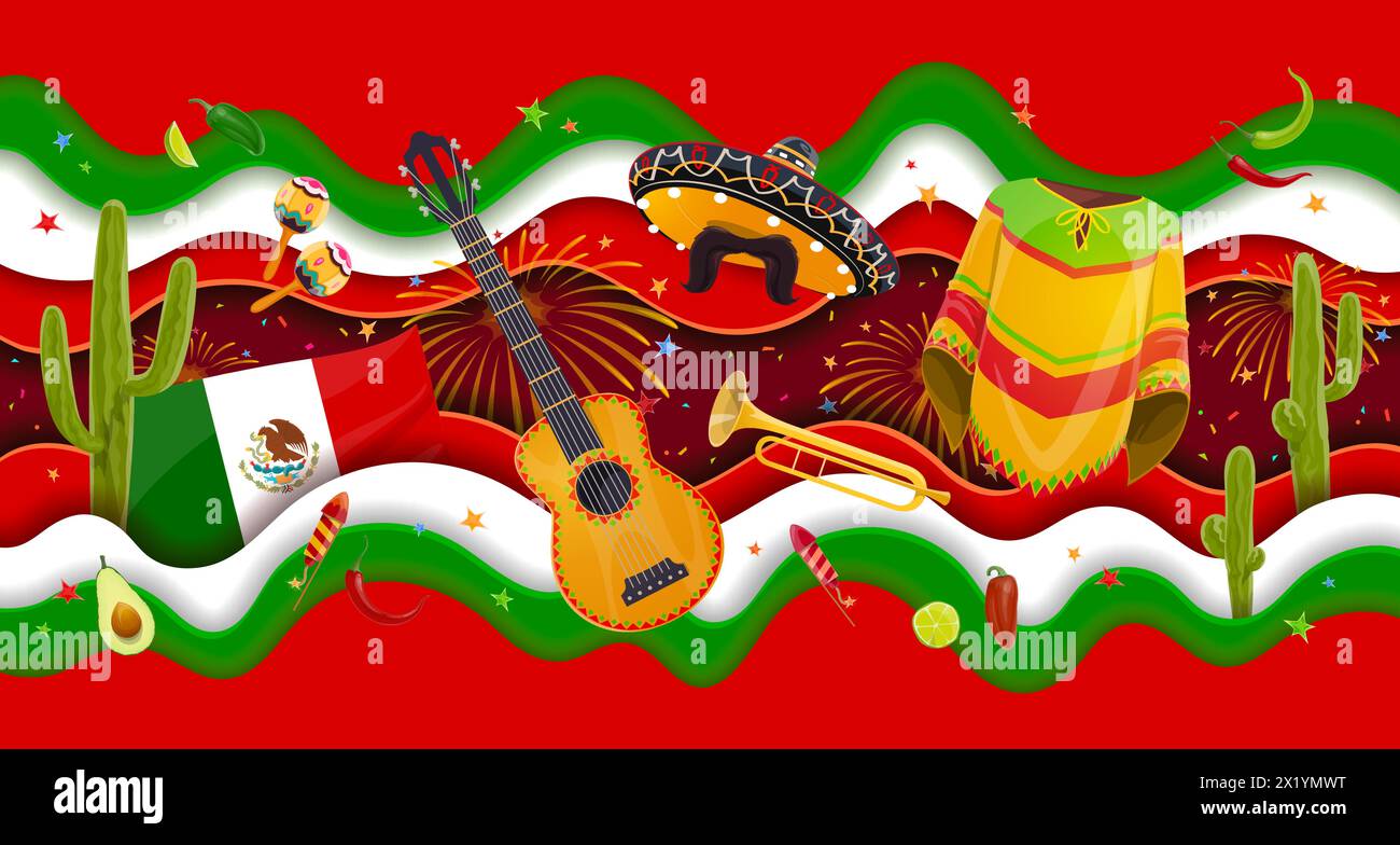 Viva Mexico holiday paper cut banner with national Mexican flag ...