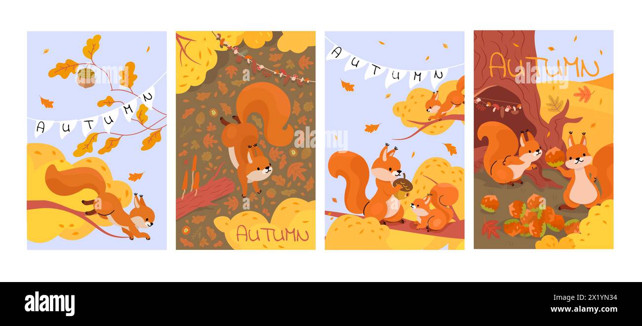 Cards with forest squirrel. Cartoon squirrels in autumn. Wild animal ...