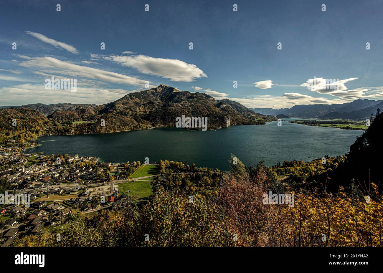 View from the Weißwand viewing point of Lake Wolfgangsee, St. Gilgen ...