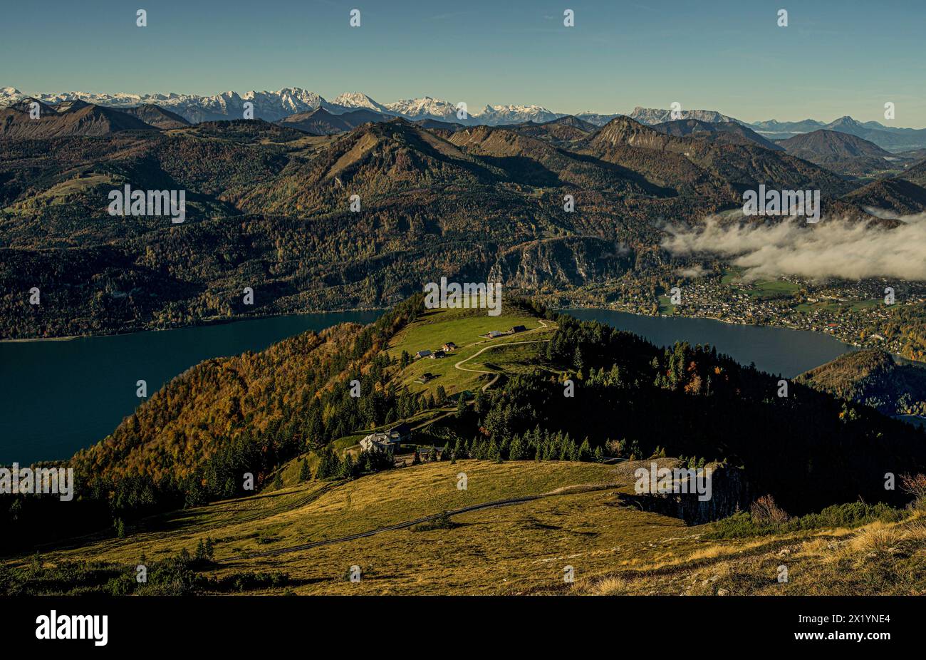 Early morning view from Schafberg over the Alpine region, to St. Gilgen ...