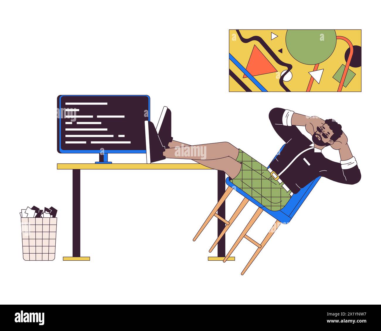 Software developer resting at workplace 2D linear cartoon character ...