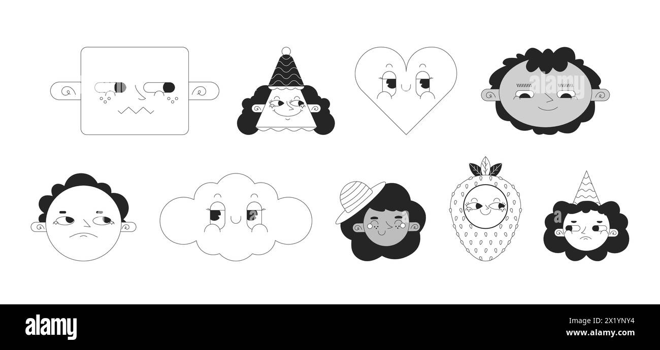 Groovy cute black and white 2D vector avatars illustration set Stock ...