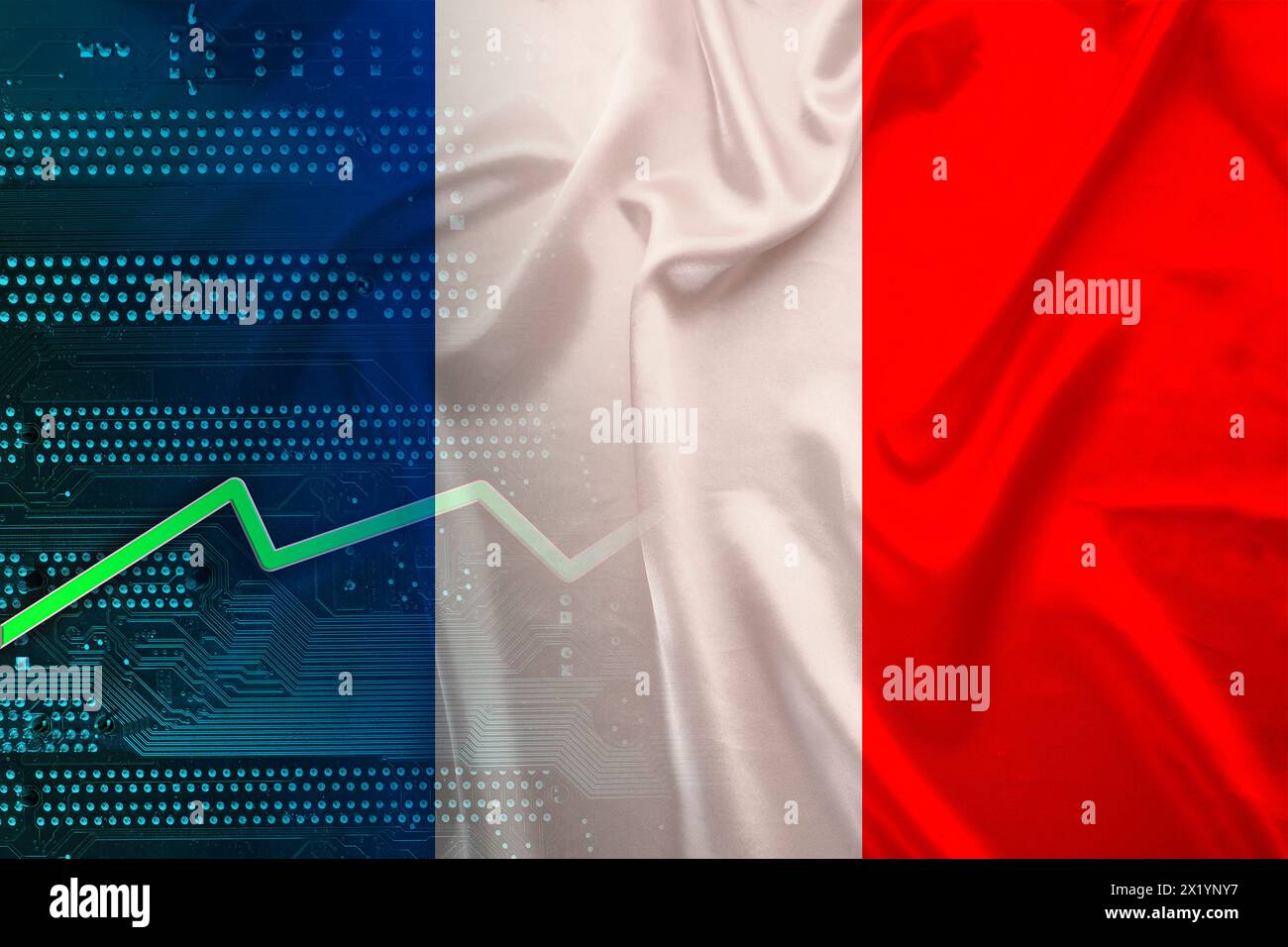 national flag of France on silk with folds, green electronic printed ...