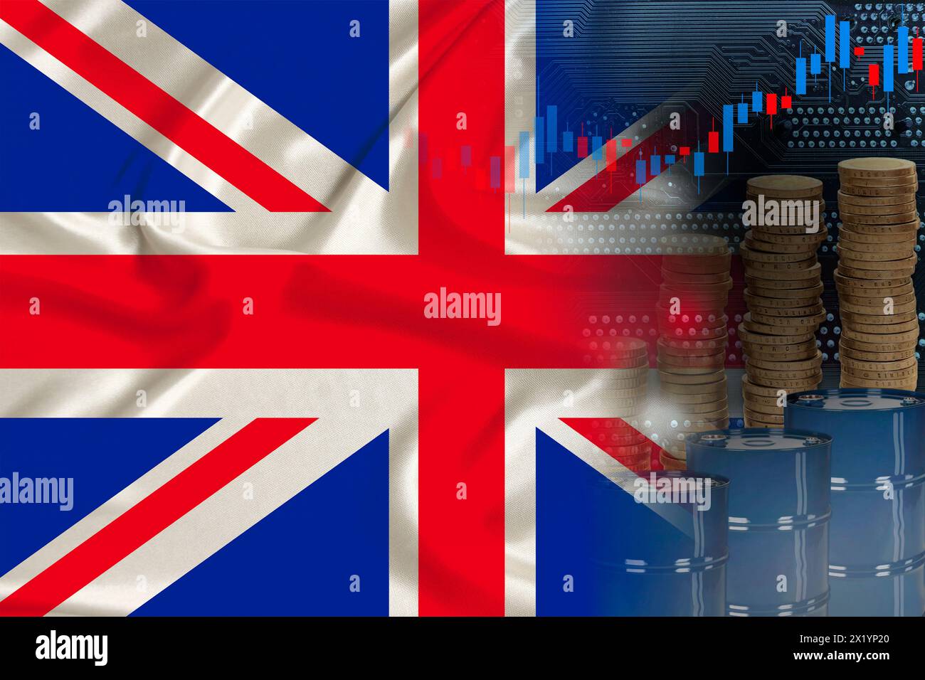 national flag of Great Britain on silk, barrels of oil, metal coins ...