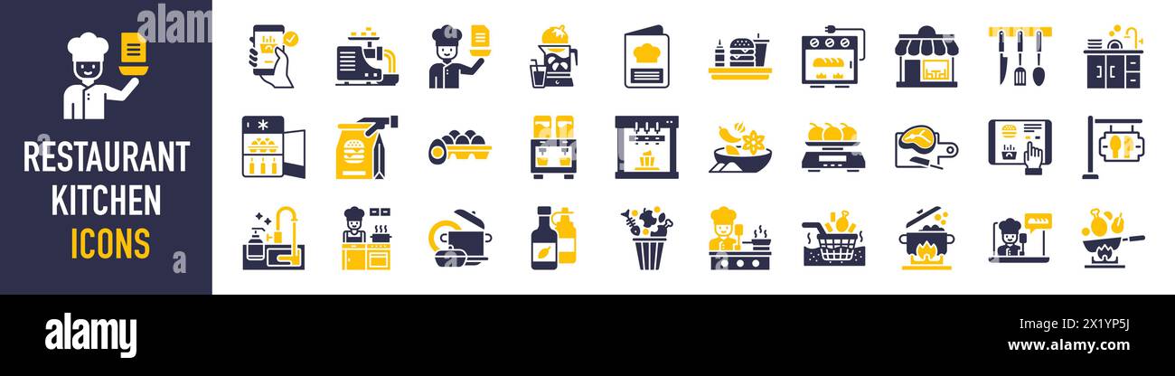 Restaurant kitchen icon set. Such as dispenser, salt & pepper, cooking ...