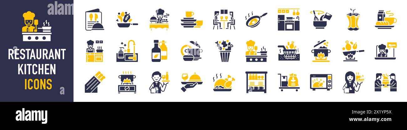 Restaurant kitchen icon set. Such as dispenser, salt & pepper, cooking ...