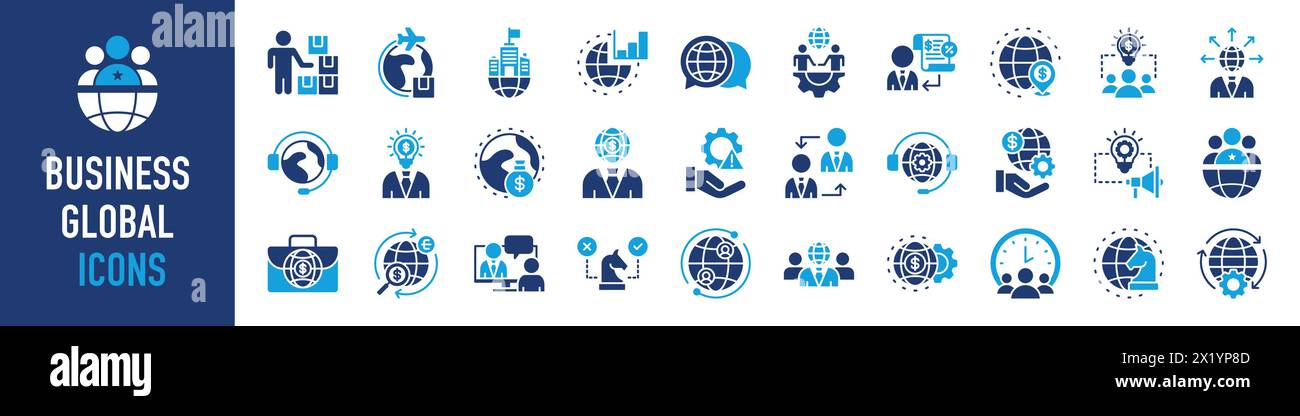 Business global icon set. Business team, meeting, partnership, startup, planning, international ...