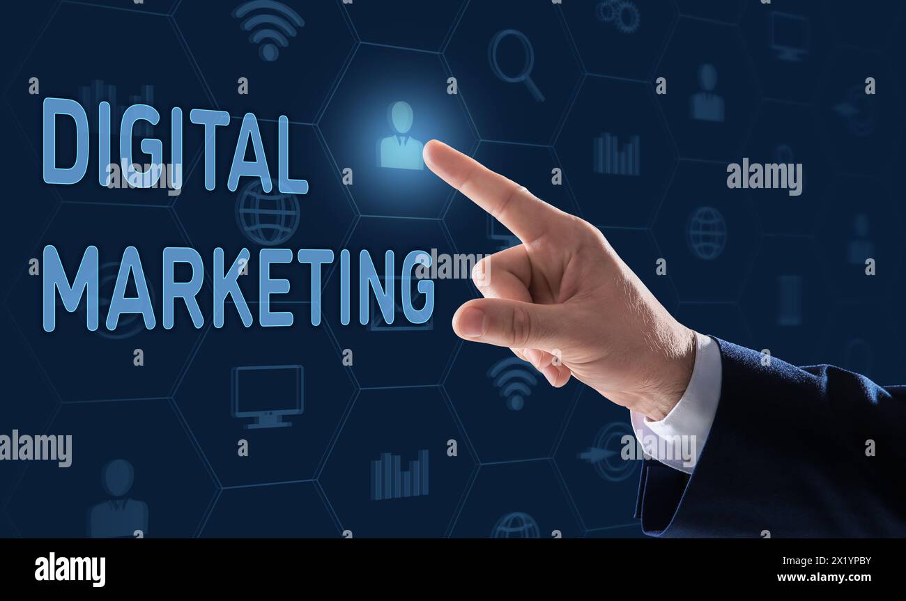 Digital marketing. Businessman touching virtual screen with icons ...