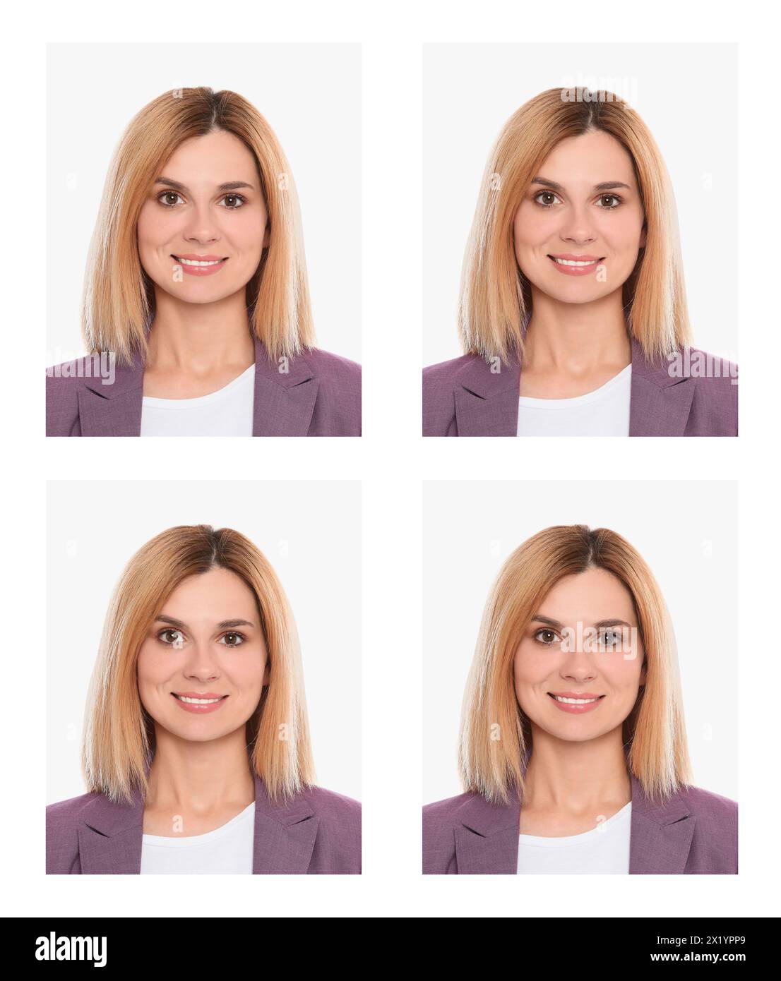 Passport photo, collage. Woman on white background, set of photos Stock ...