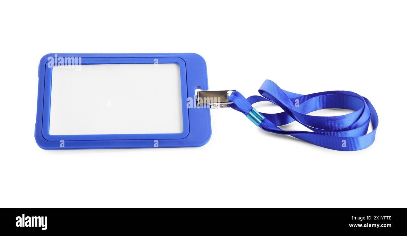 Blank blue badge with string isolated on white Stock Photo - Alamy