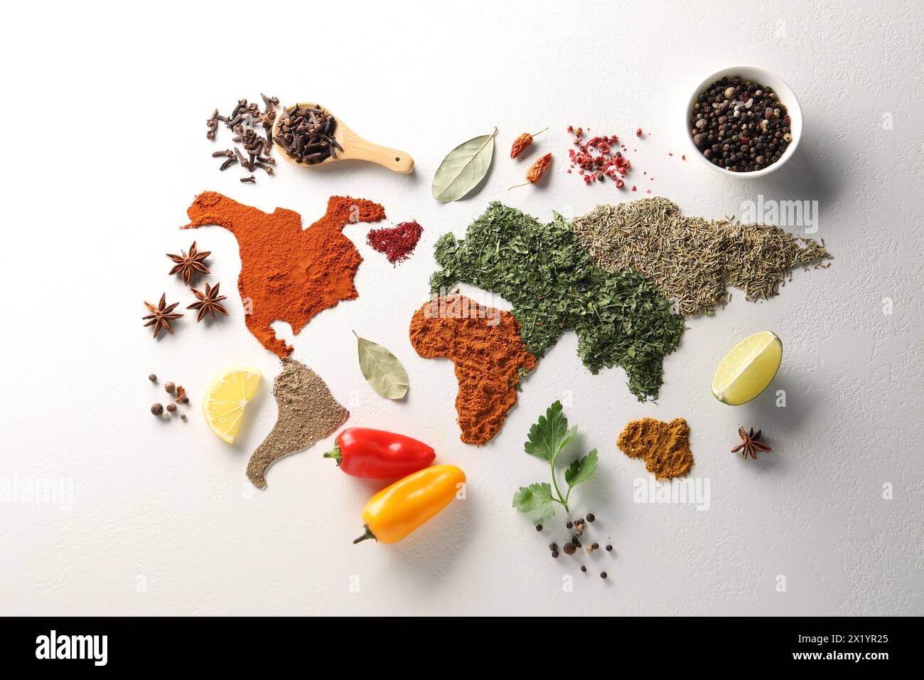 World map of different spices and products on white textured table ...