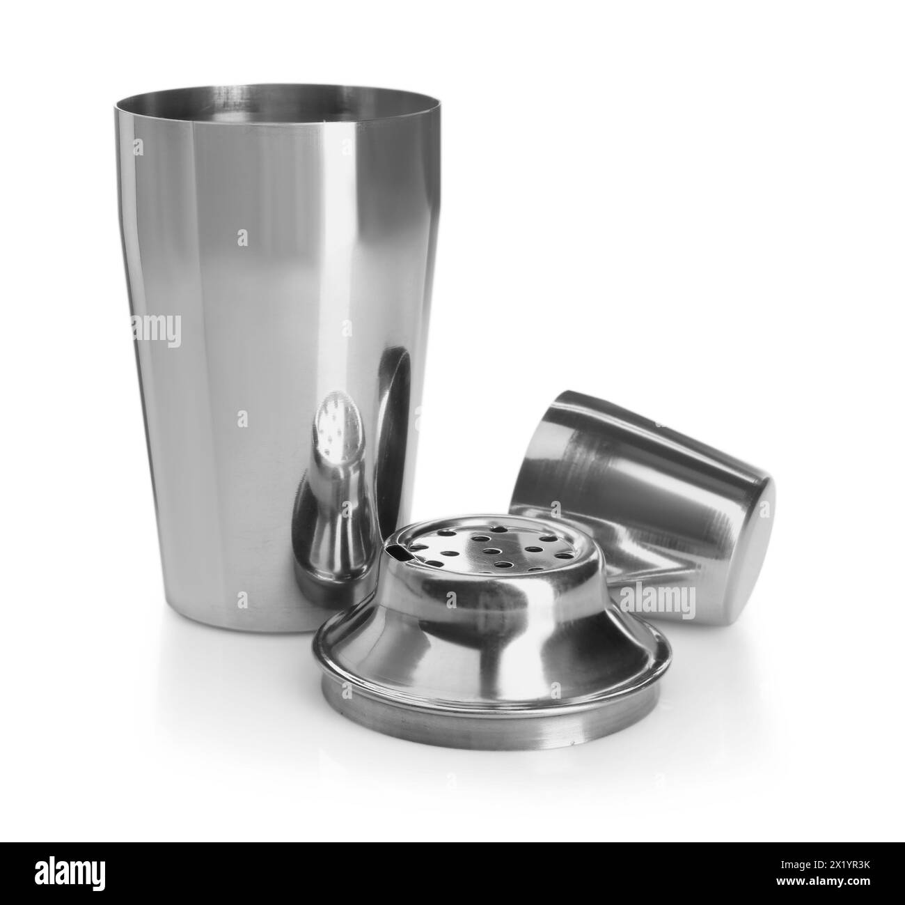 Metal cocktail shaker, strainer and cup isolated on white Stock Photo ...