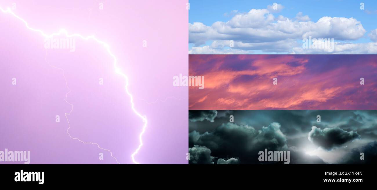 Different weather conditions, banner design. Collage with photos of sky ...