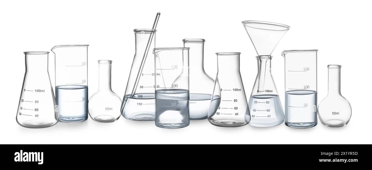 Set of different laboratory glassware isolated on white Stock Photo - Alamy