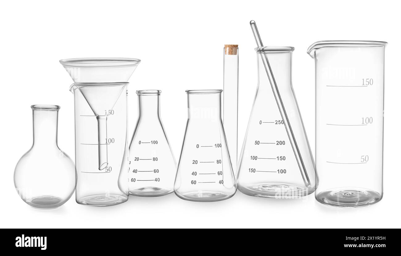 Set of different laboratory glassware isolated on white Stock Photo - Alamy