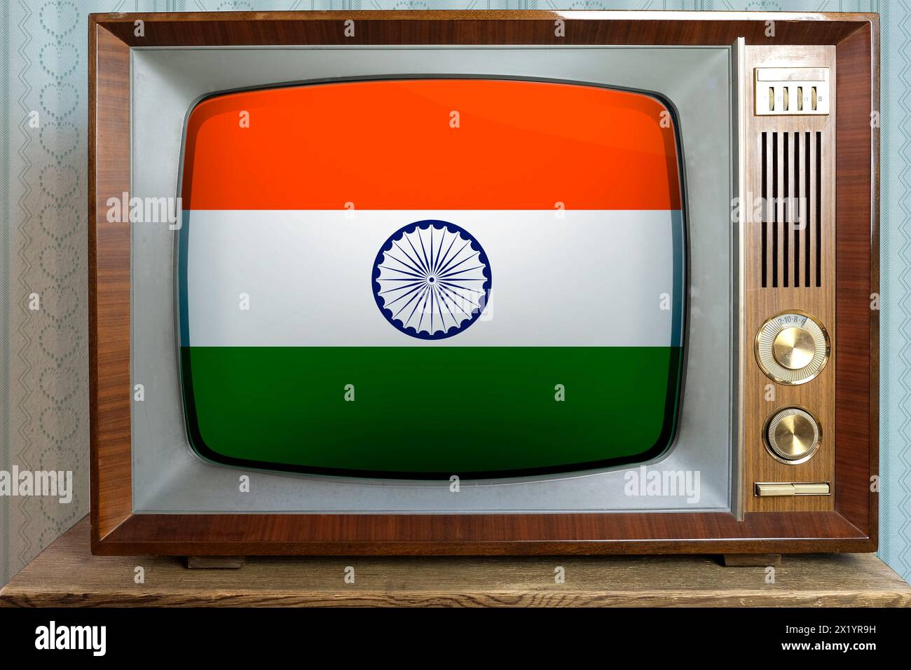 old tube vintage tv with india national flag on screen, television ...