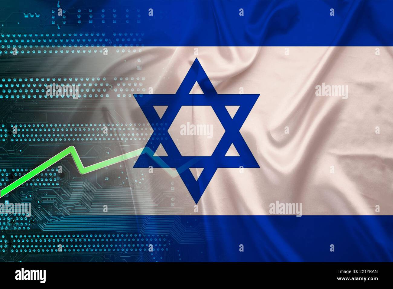 national flag of Israel on silk with folds, green electronic printed ...