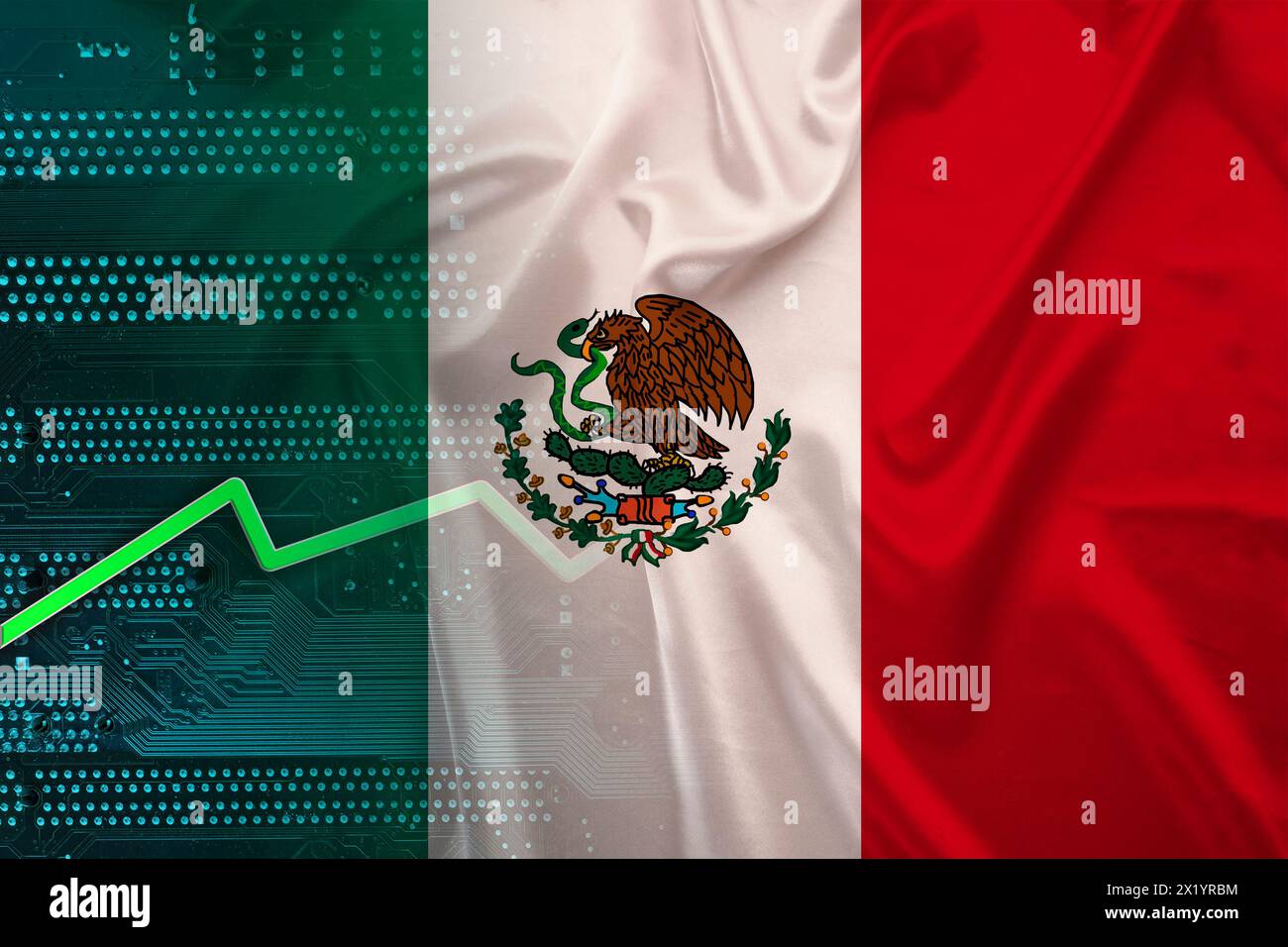 national flag of mexico on silk with folds, green electronic printed ...