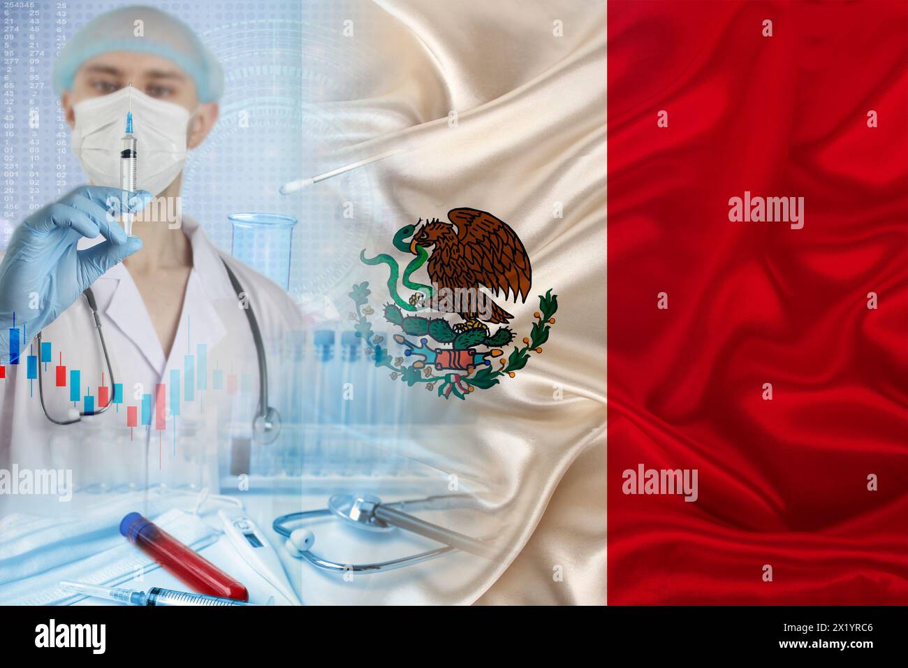 mexico national flag on satin, doctor with syringe, country population ...