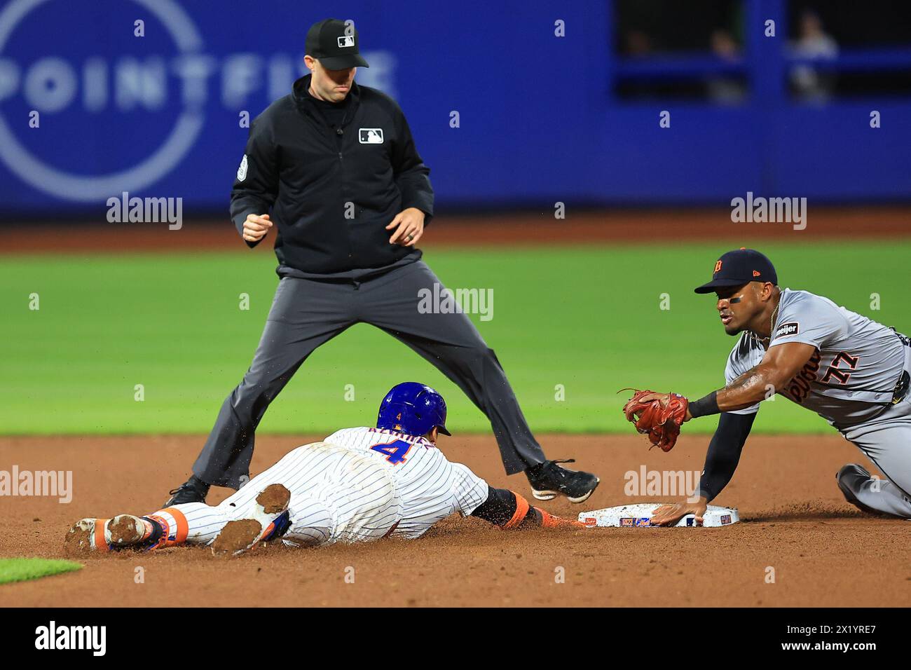 New York Mets Francisco Álvarez #4 slides into 2B as Detroit Tigers ...