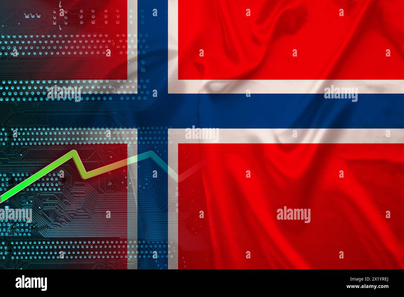 national flag of Norway on silk with folds, green electronic printed ...