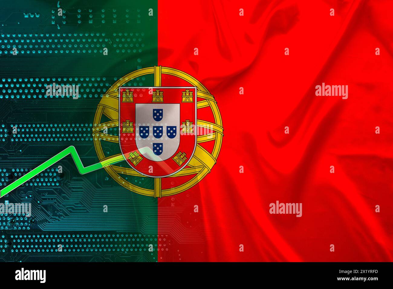 national flag of portugal on silk with folds, green electronic printed ...