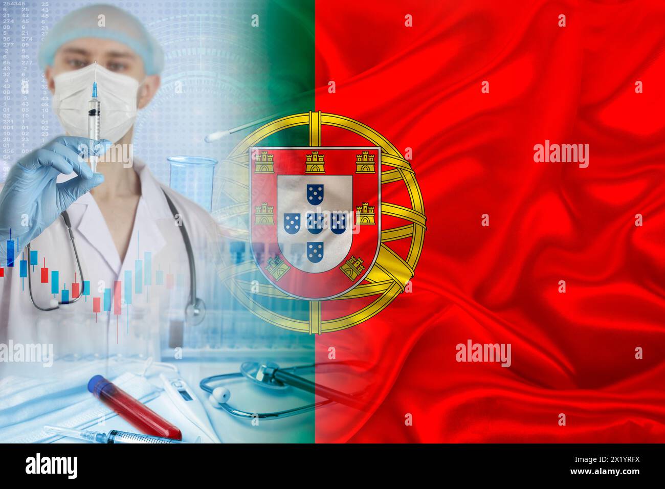 national flag portugal on satin, doctor with a syringe, the concept of ...