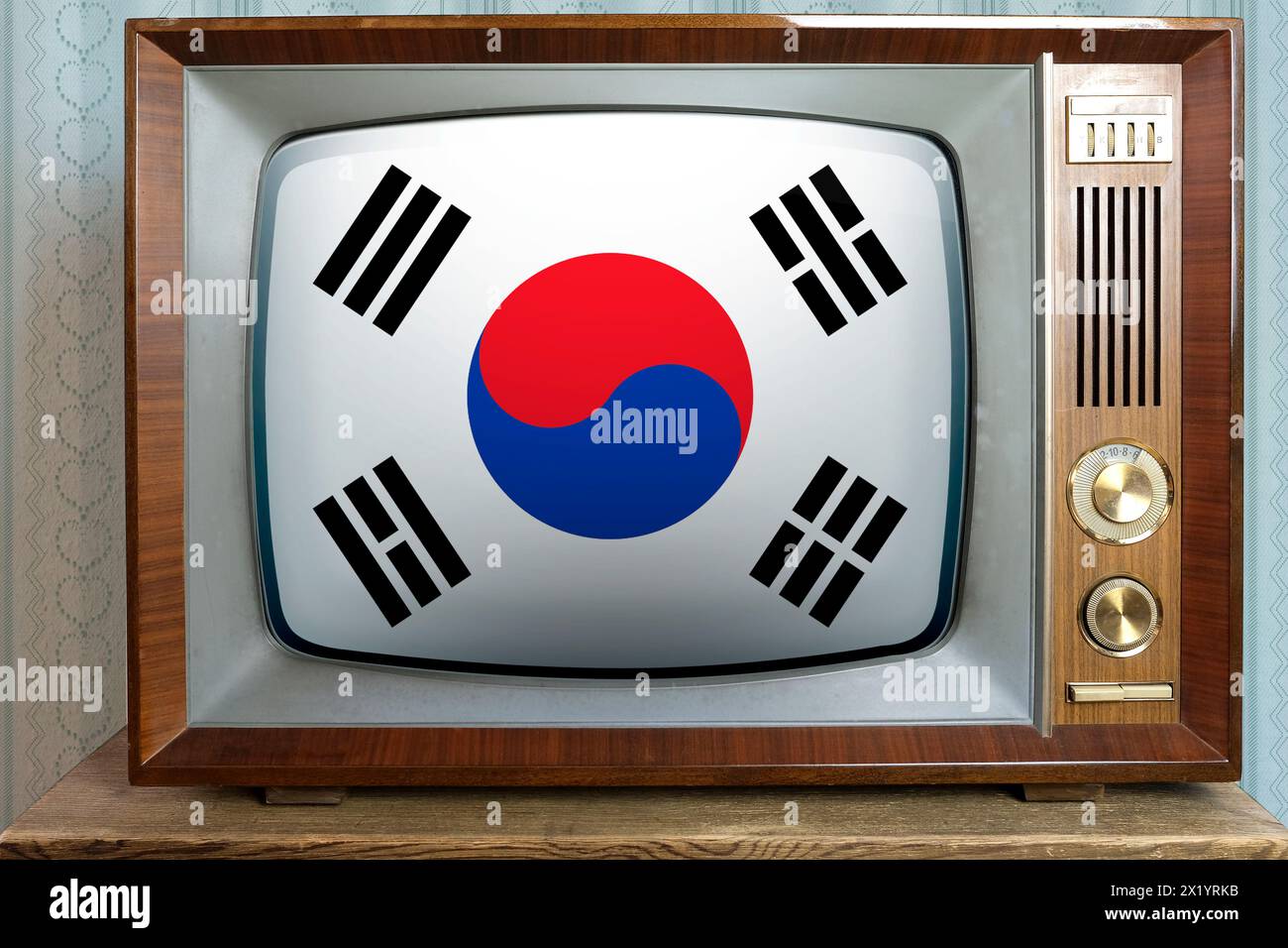 old tube vintage TV with the national flag of South Korea on the screen ...