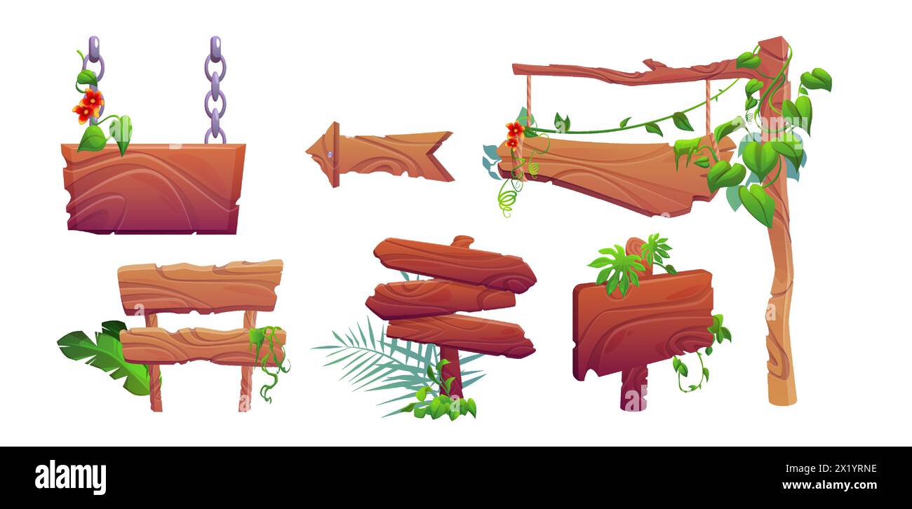 Wooden signboard with jungle plants. Cartoon vector illustration set of ...
