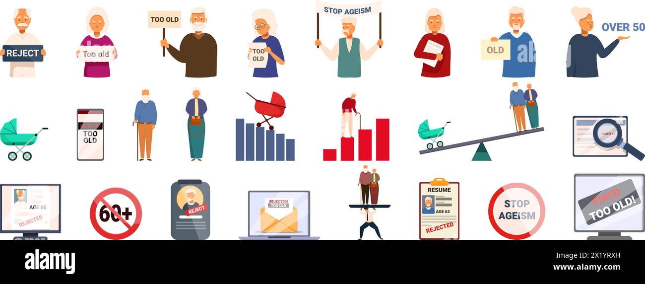 Social problem aging society icons set cartoon vector. Low birth. State ...