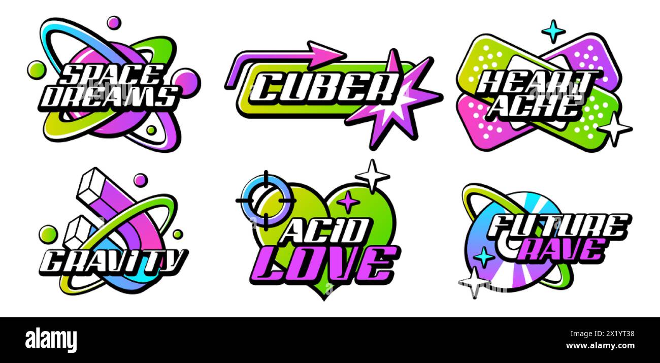 Retro Y2K logo templates design. Acid gradient colorful logos for shirt ...