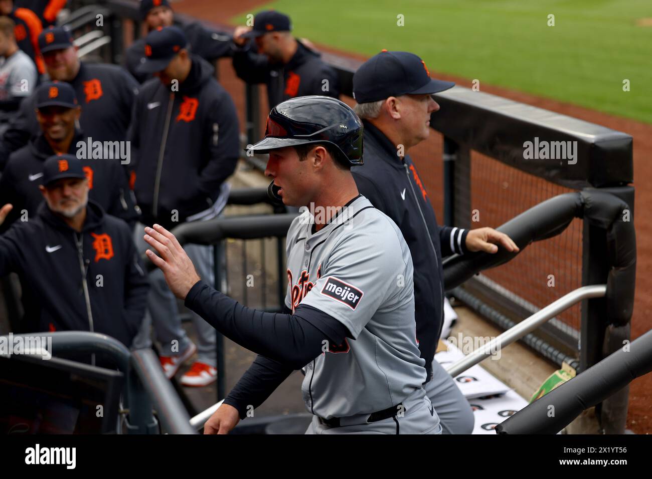 Detroit Tigers Colt Keith #33 is congratulated after scoring the second ...